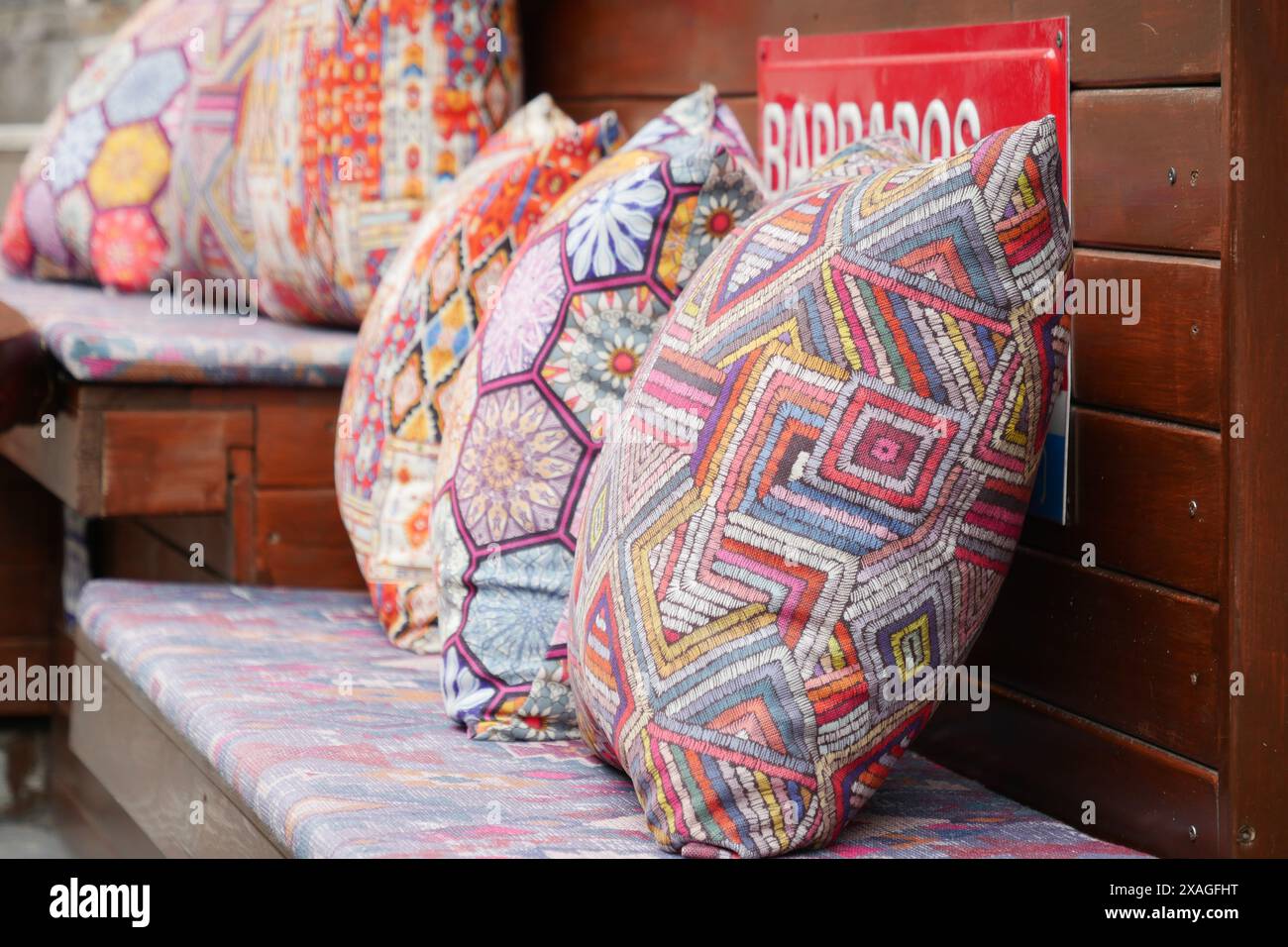 Colourful cushions on display for sale in a traditional Turkish Bazaar ...