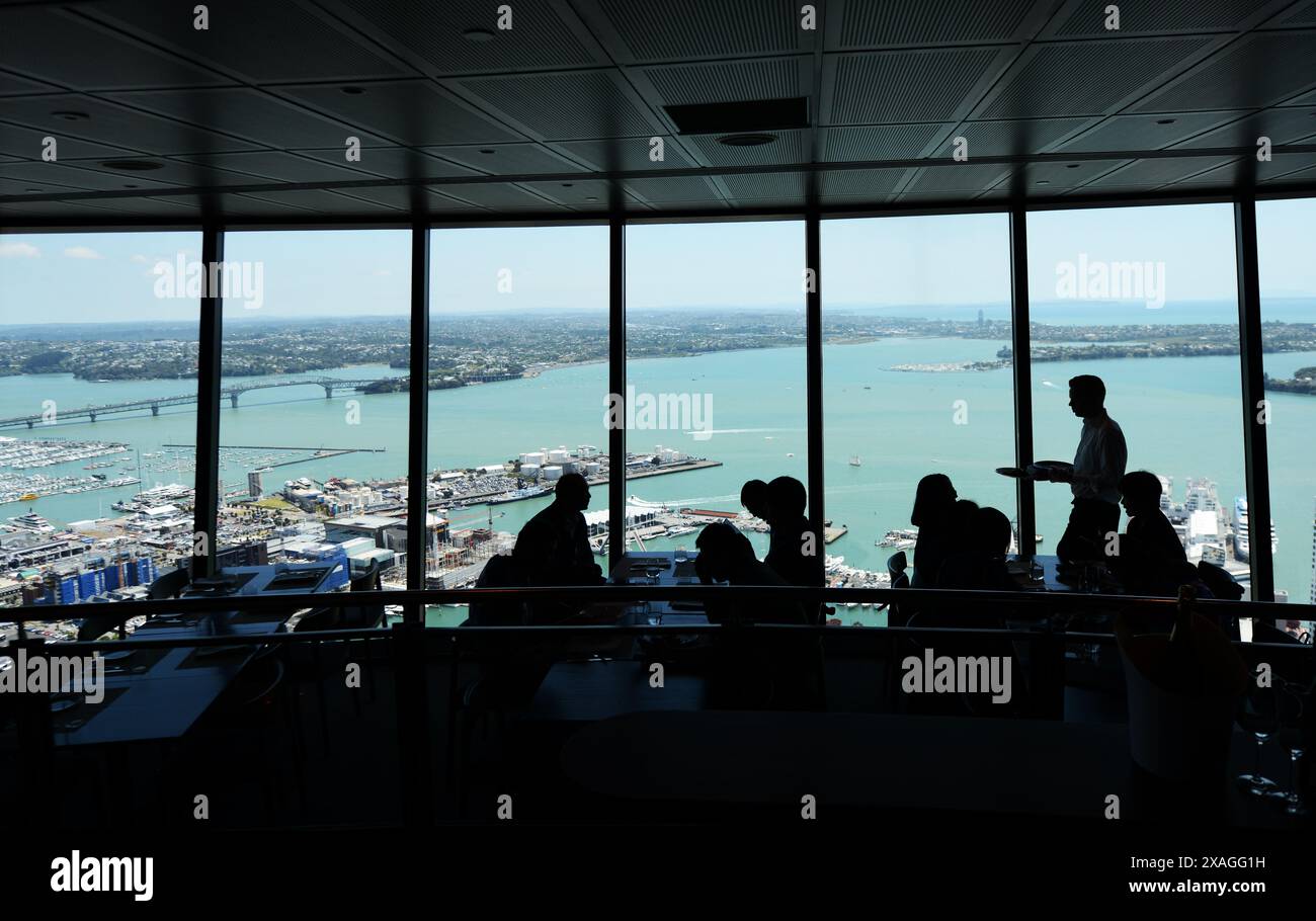 Tourist enjoying the city views from the observation deck at the Sky ...