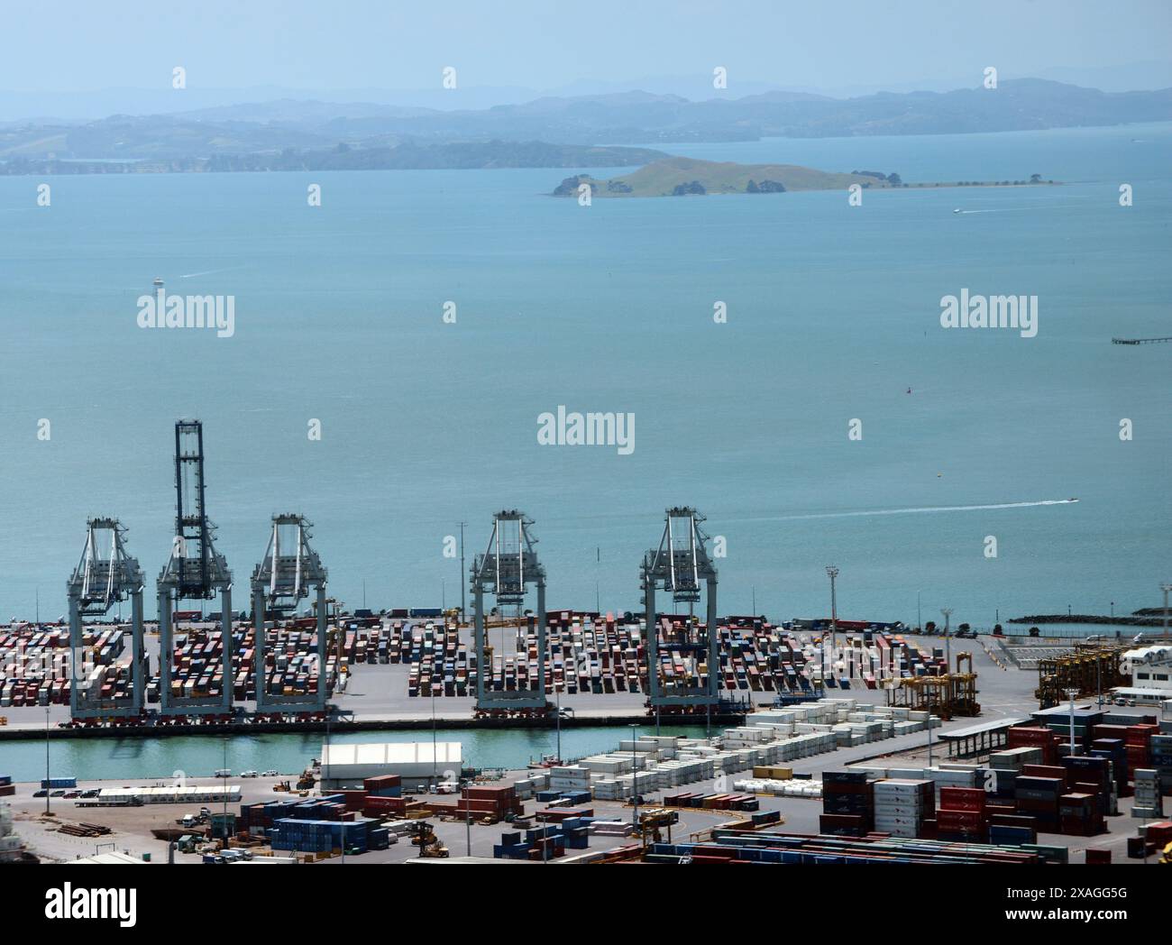 A view of the container terminal at the port of Auckland, New Zealand ...