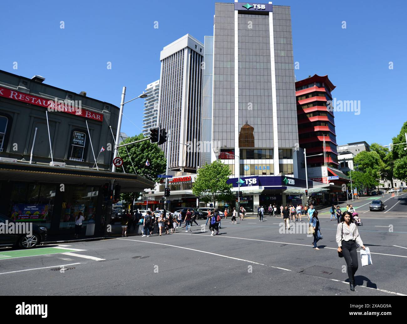 Junction of Wellesley street and Queen street in Auckland, New Zealand ...