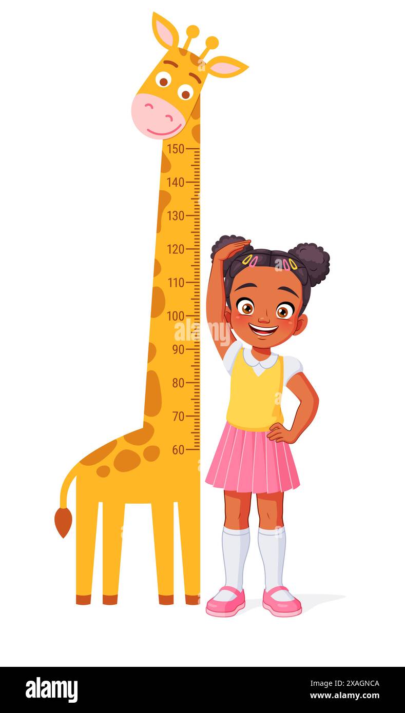 Little African American girl girl measuring her height. Cartoon vector ... Little African American girl girl measuring her height. Cartoon vector ...
