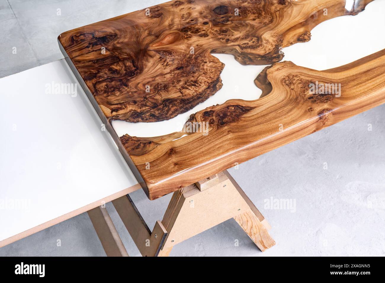Live edge elm burl slab table top with central epoxy resin river on ...