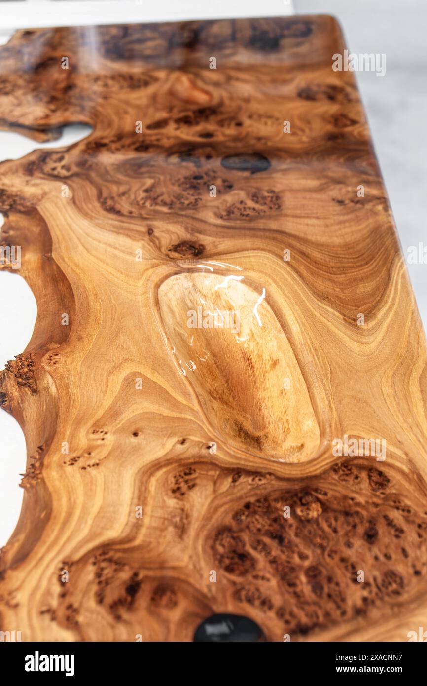 Live edge elm burl slab table top with central epoxy resin river on ...