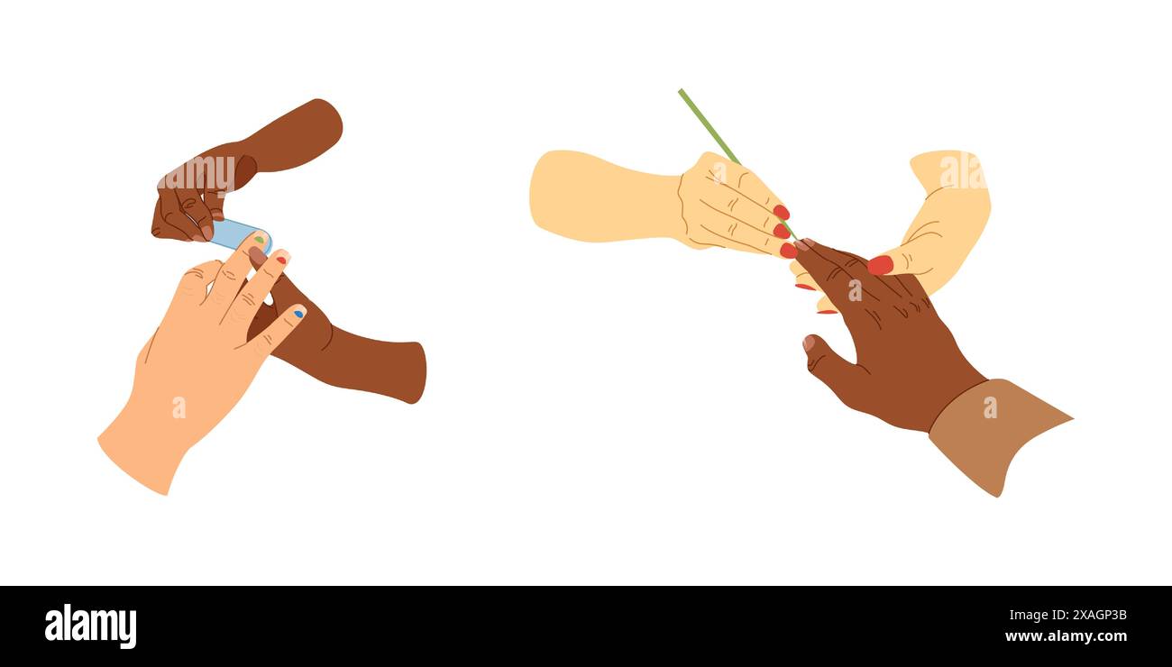 Specialist with nail tools making manicure for men. Vector set in flat ...