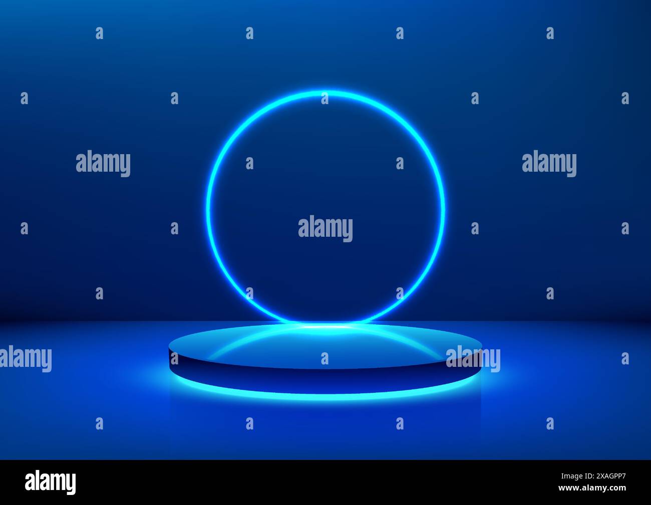 3D blue podium with neon light circle glows behind a podium in a dark ...
