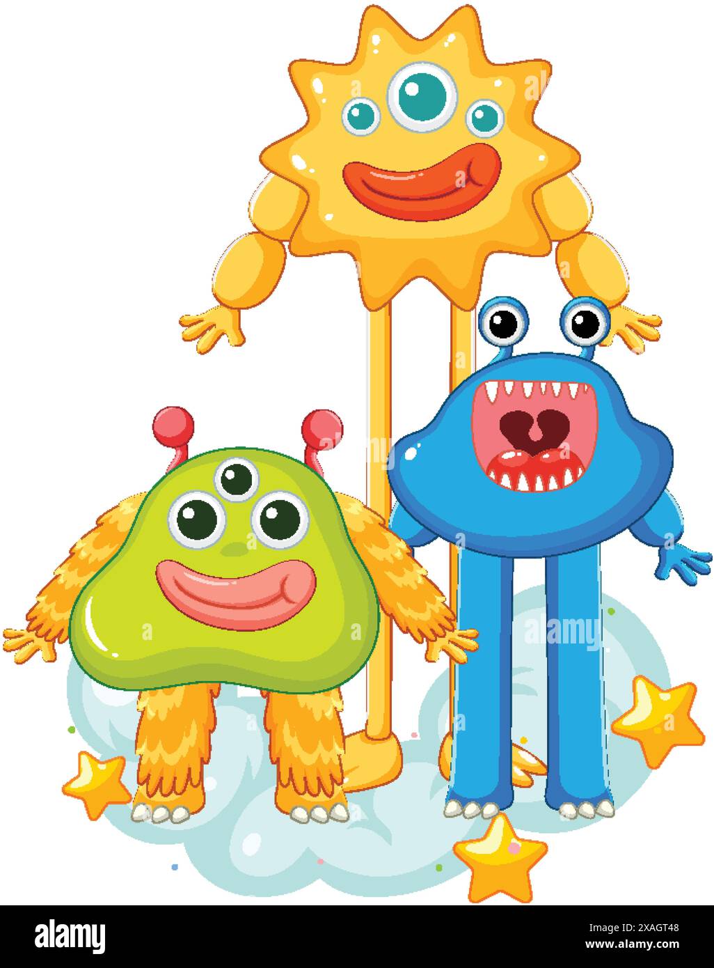Three cheerful monsters standing together on clouds Stock Vector Image ...