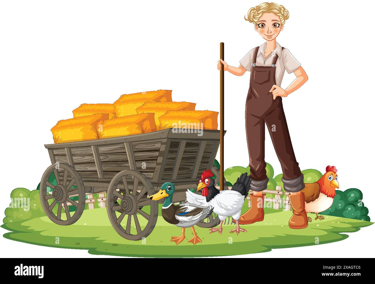 Farmer standing with cart, ducks, and chickens Stock Vector Image & Art ...