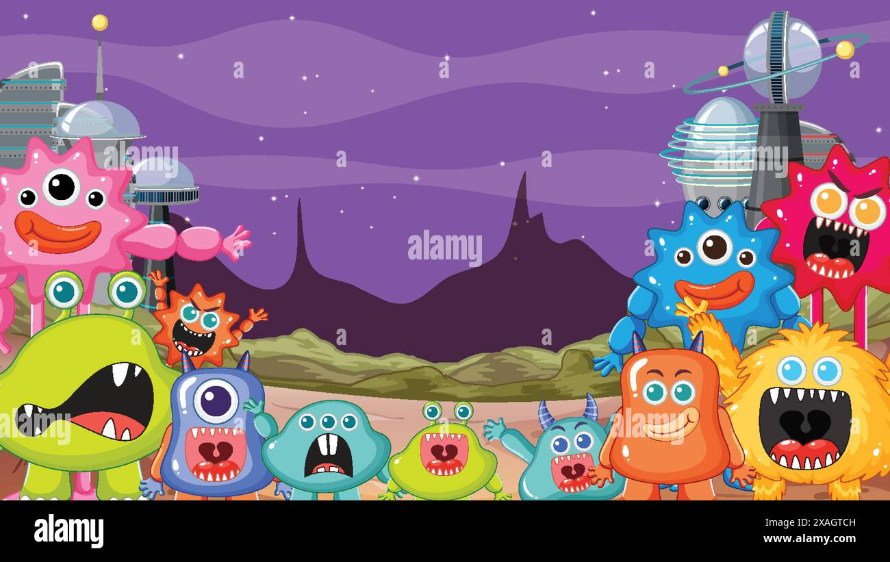 Cute monsters in a futuristic alien landscape Stock Vector Image & Art ...