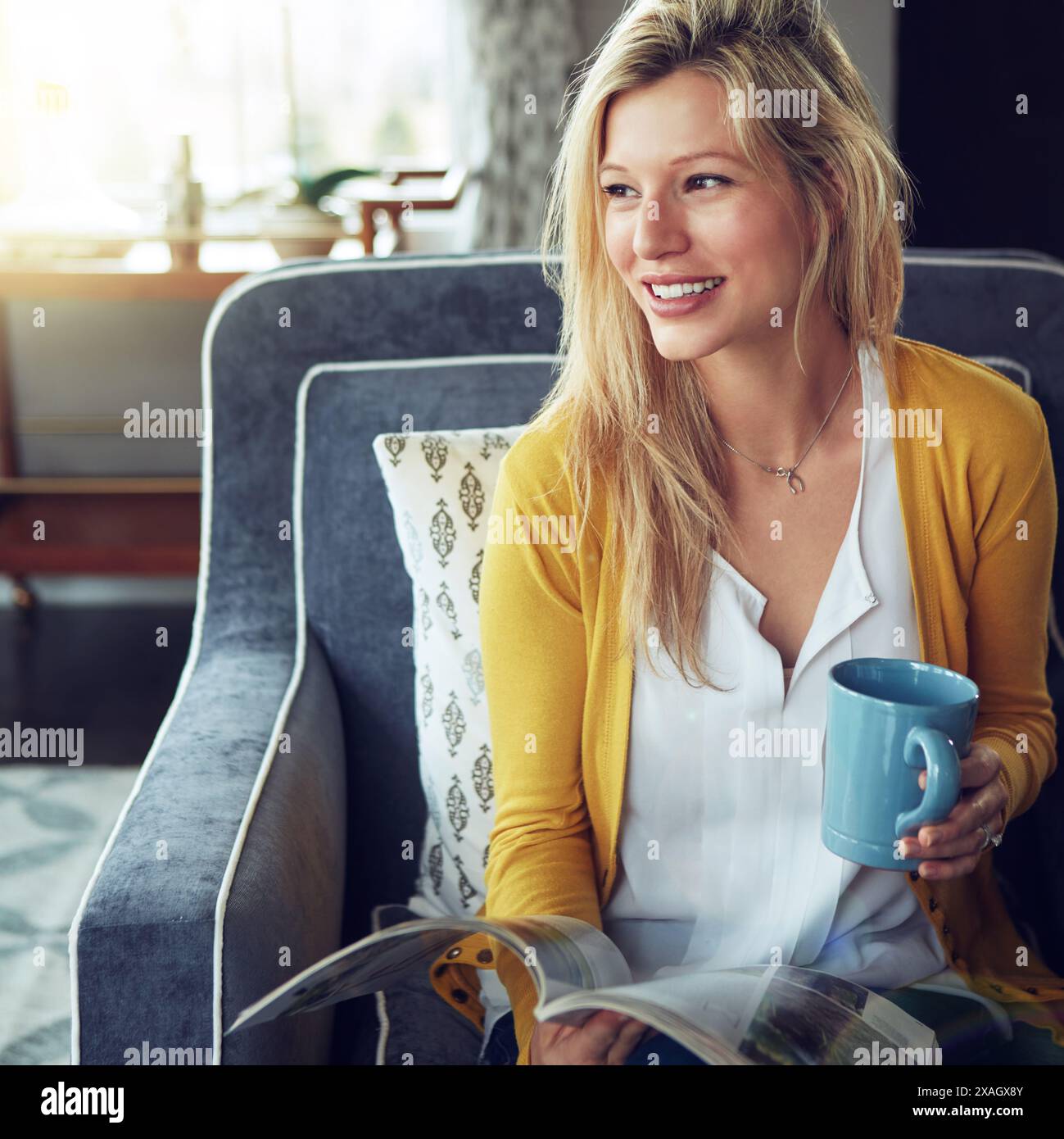 Happy woman, magazine and coffee break in reading, relax or thinking as ...