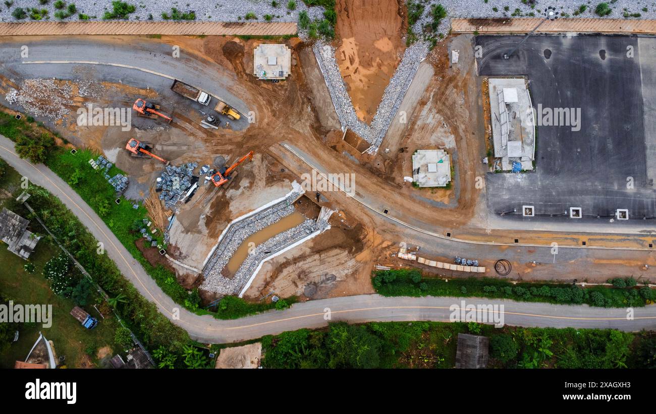 Aerial view of a cement bridge under construction. Road currently under ...