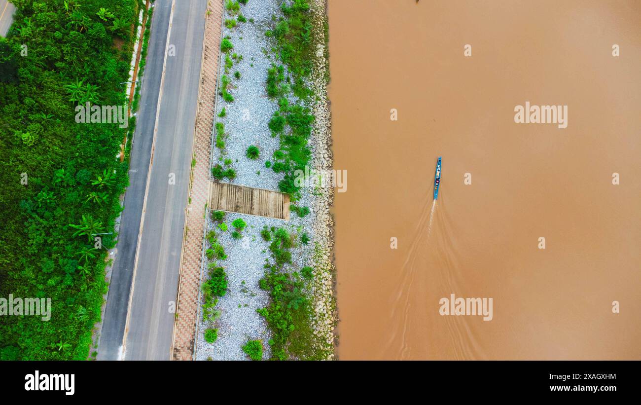Aerial view of beautiful view of the mighty Mekong River with fishing ...