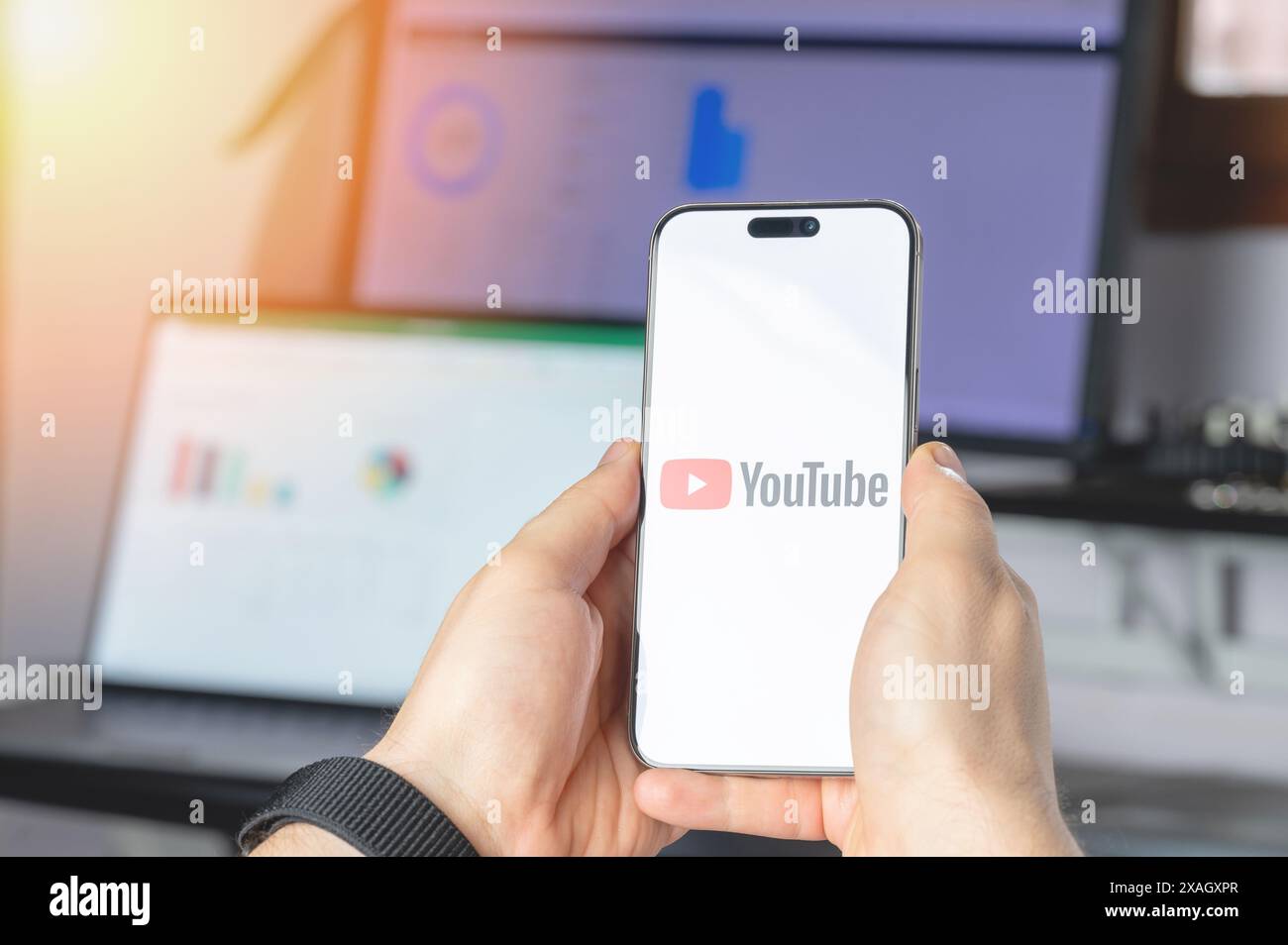 New York, USA - June 6, 2024: Youtube service on smartphone screen in ...