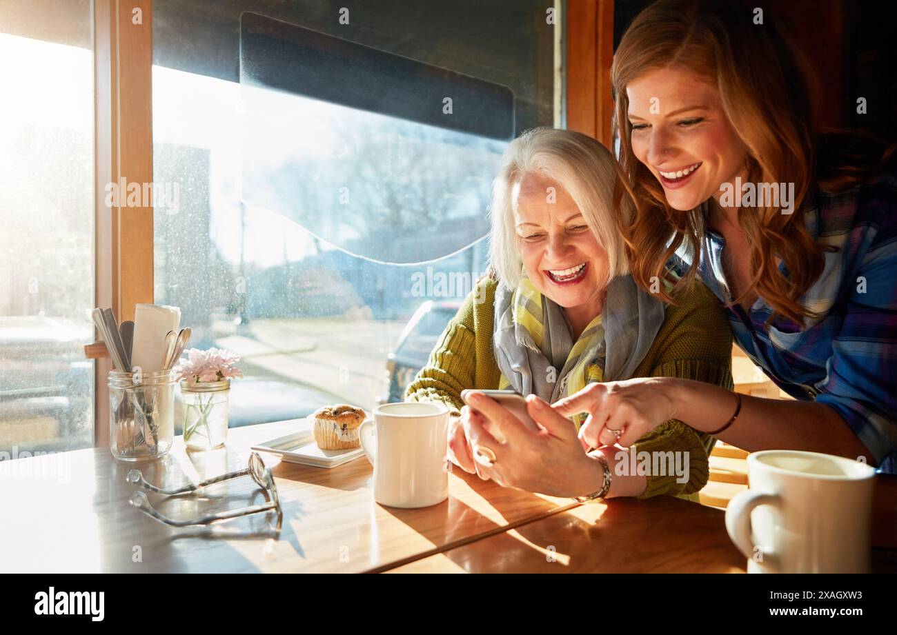 Mother, daughter and smartphone in cafe with coffee for social media ...