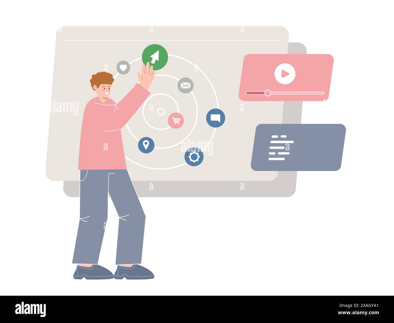 intelligent interface interactive touchscreen user touch interact with display icon set Stock ...