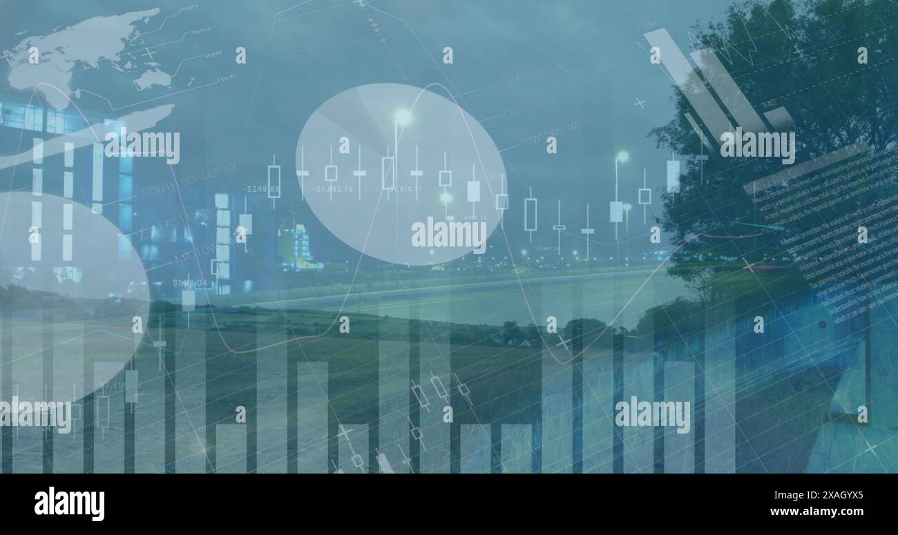 Animation financial graphs over road hi-res stock photography and ...