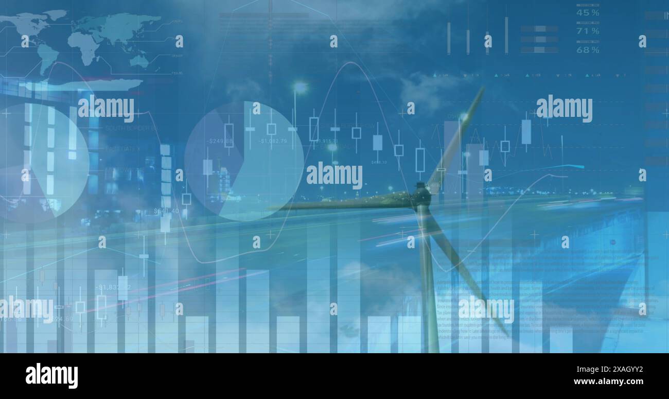 Image of graphs and financial data over wind turbine Stock Photo - Alamy