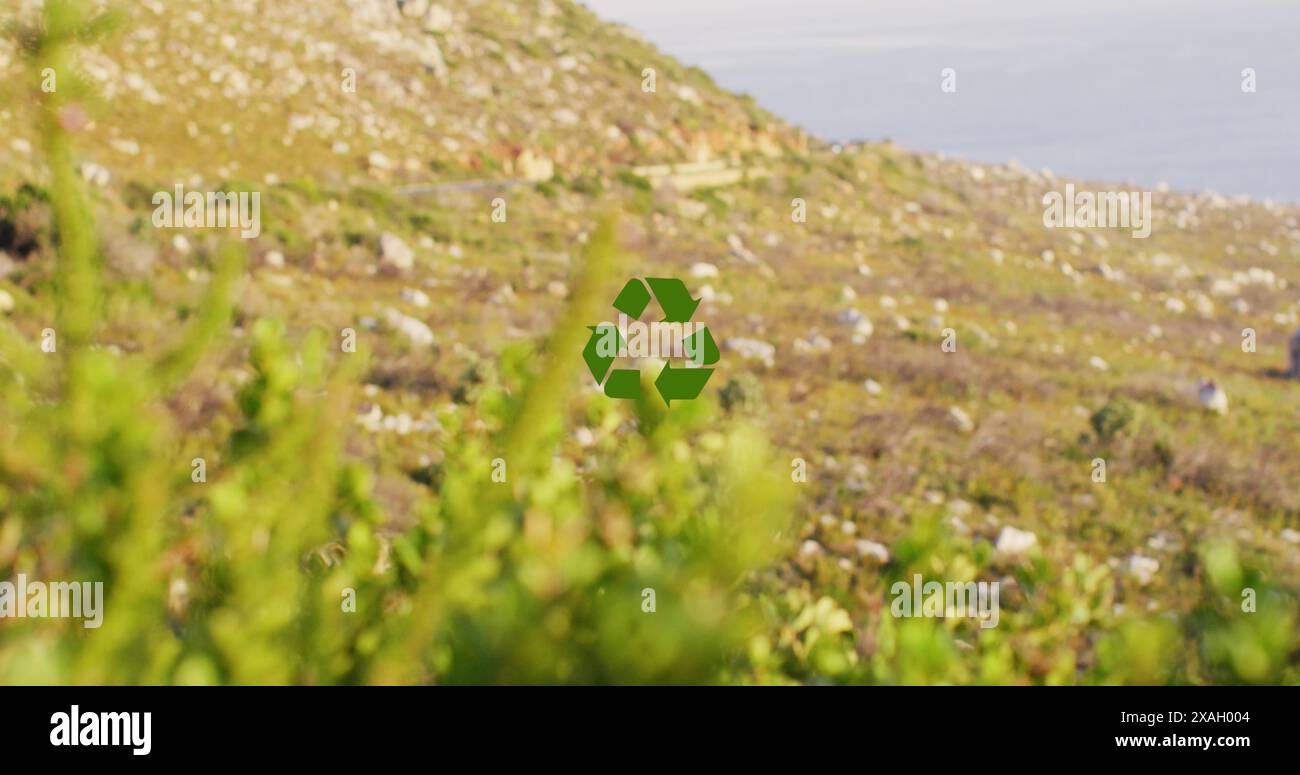 Image of recycling, sustainability and ecology icons over landscape ...