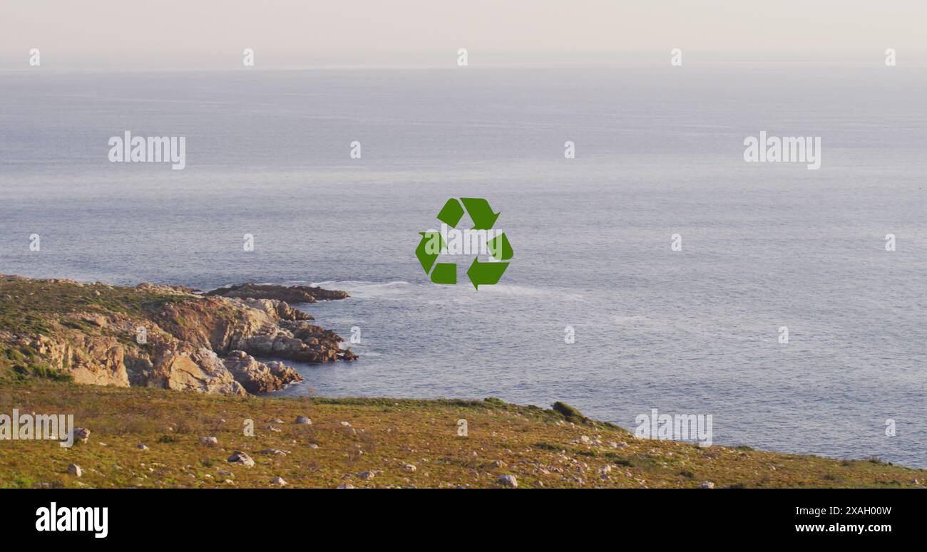 Image of recycling, sustainability and ecology icons over landscape ...