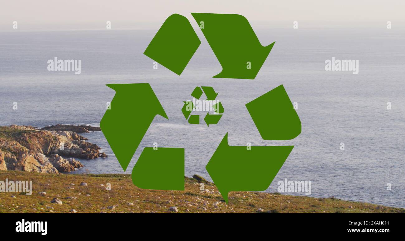 Image of recycling, sustainability and ecology icons over landscape ...