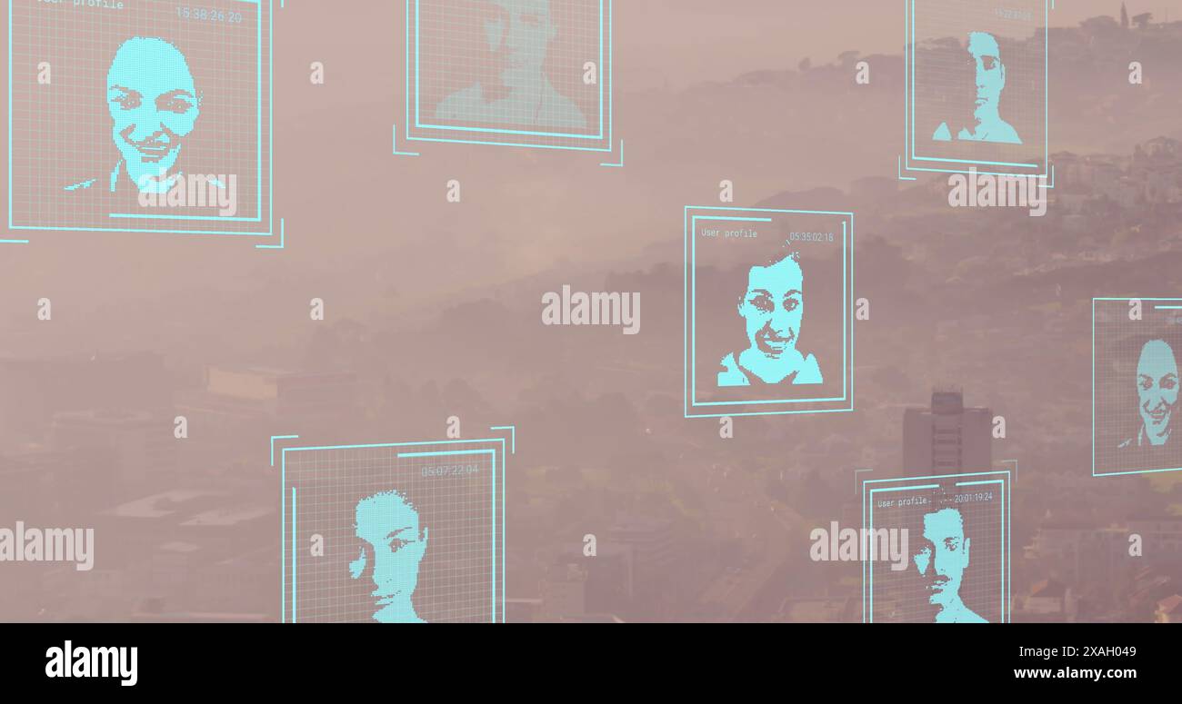 Image of multiple changing profile icons against aerial view of ...