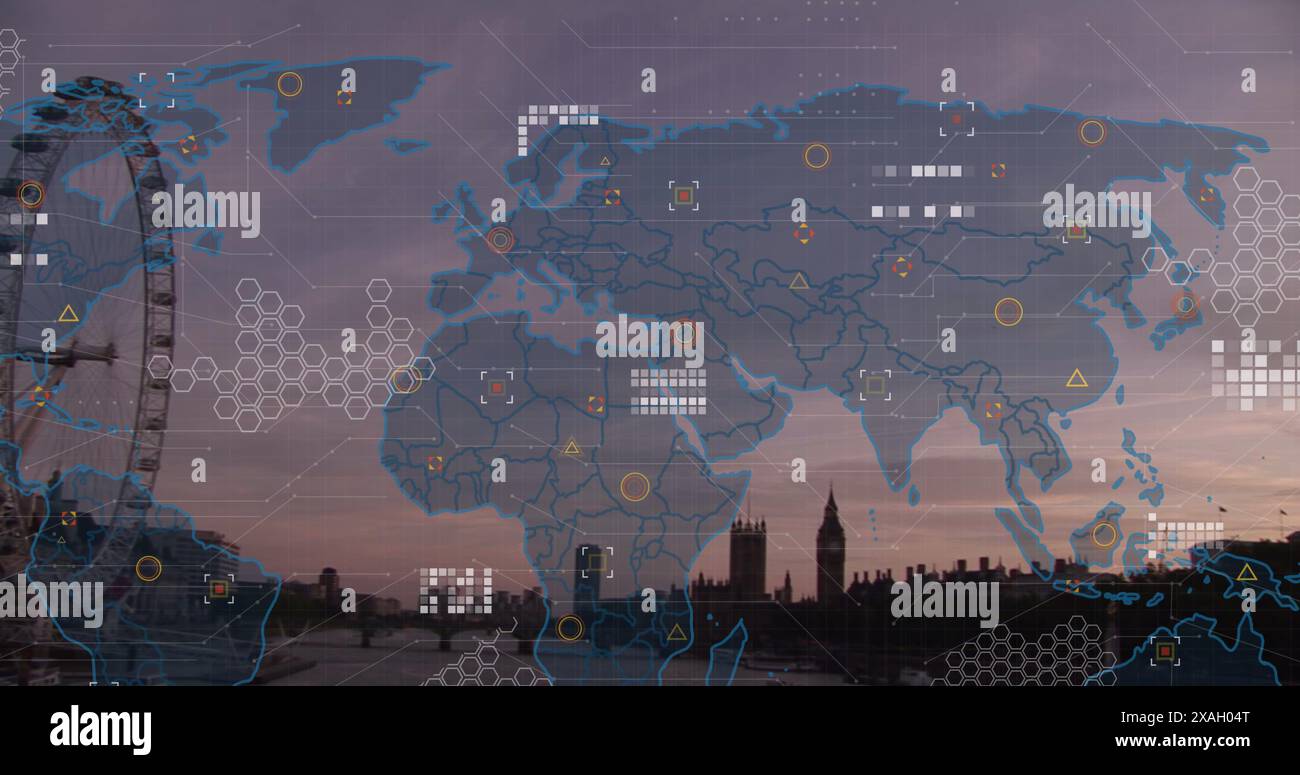 Image of world map and data processing against aerial view of cityscape ...