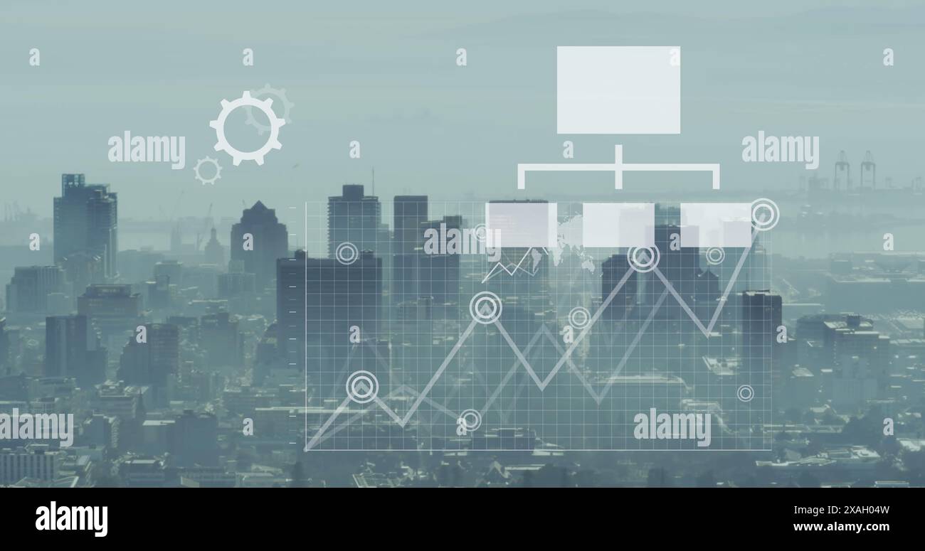 Image of statistical data processing against aerial view of cityscape ...