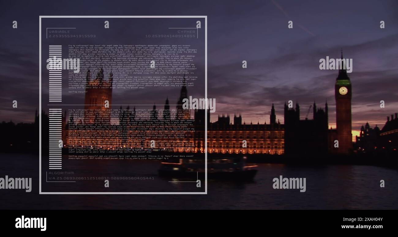 Image of bars and computer language, boat in rivers against traditional ...