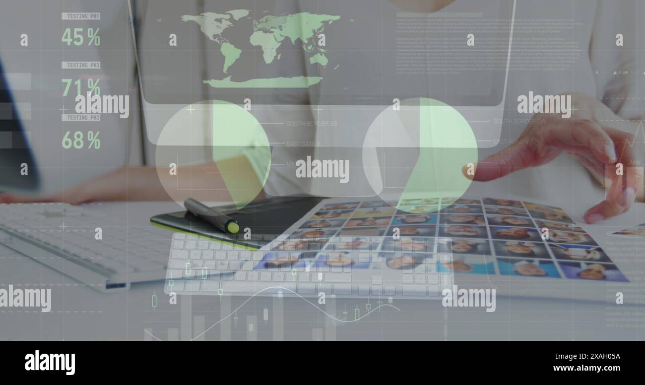 Image of infographic interface over camera and biracial woman checking ...