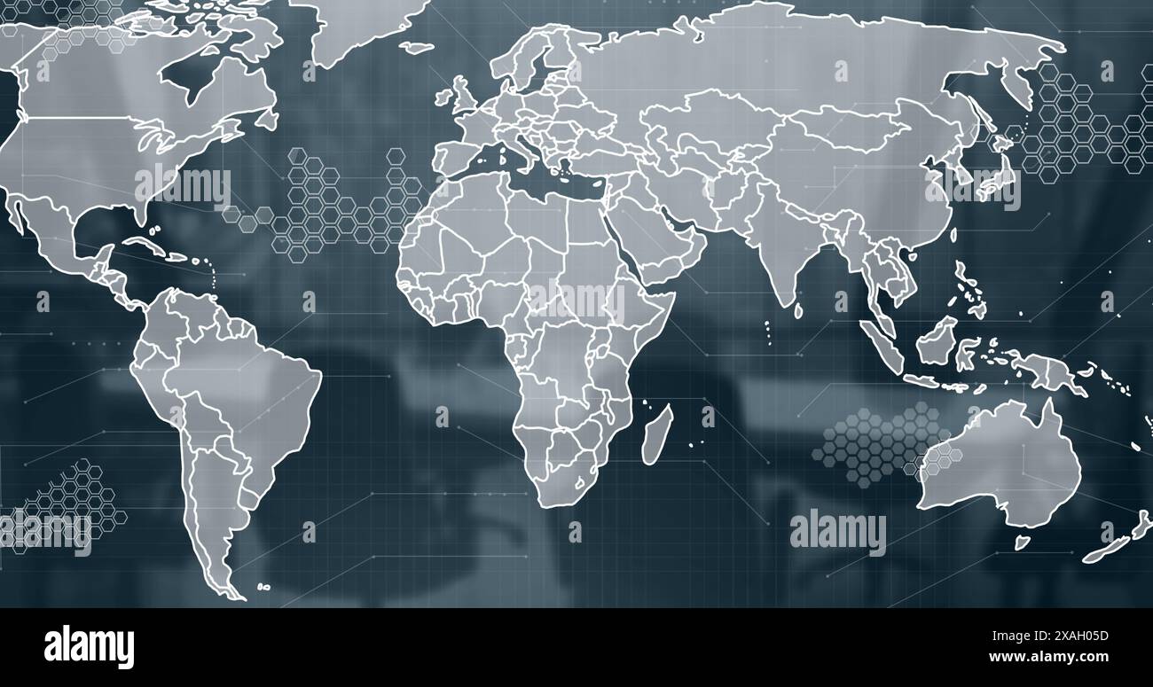 Image of world map and data processing against empty office Stock Photo ...