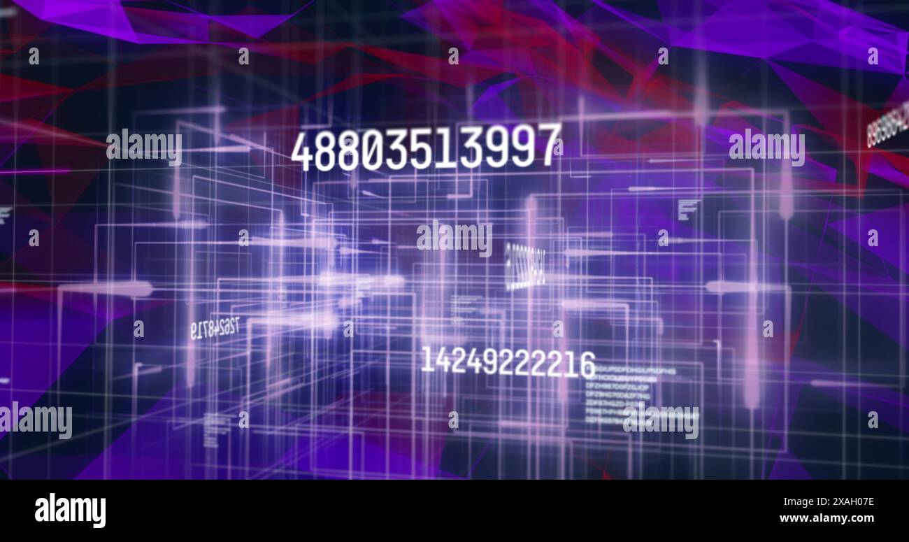 Image of numbers and data processing over purple and red network of ...