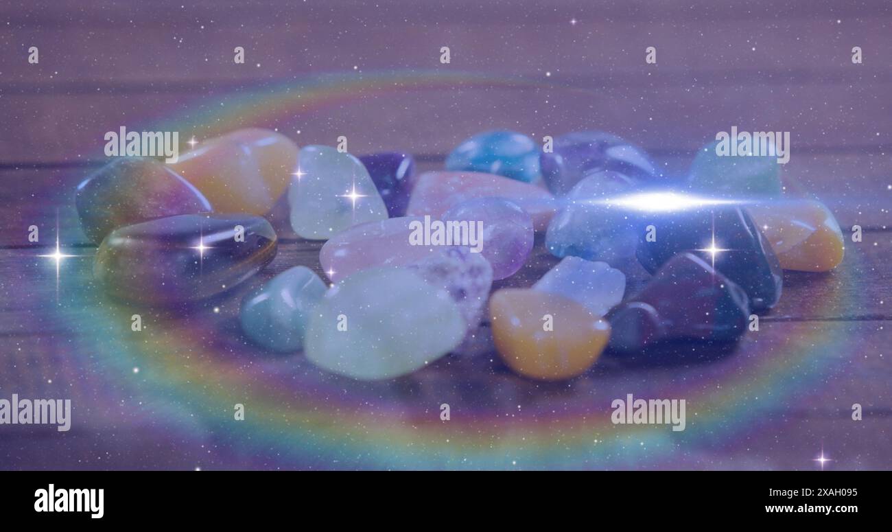 Image of stars and light spots over colourful stones, copy space Stock ...