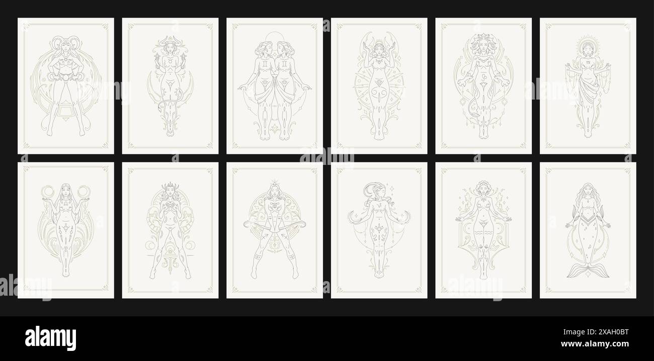 Horoscope antique female zodiac symbol goddess line art deco poster ...