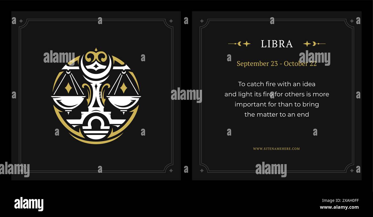Libra zodiac symbol astrology description vintage black card set design ...
