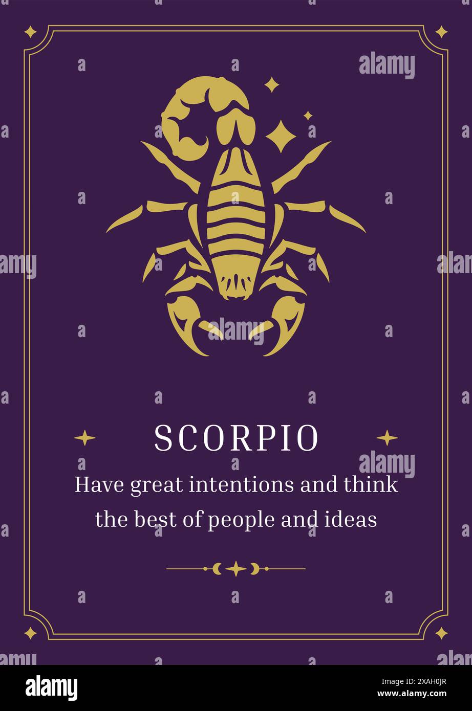 Scorpio zodiac horoscope symbol purple poster design template with ...