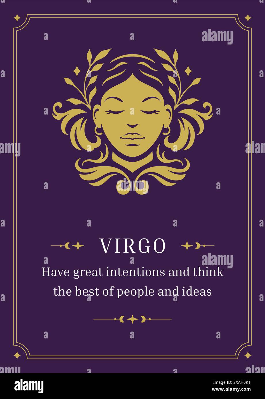 Virgo zodiac symbol woman face floral ornament purple poster design ...