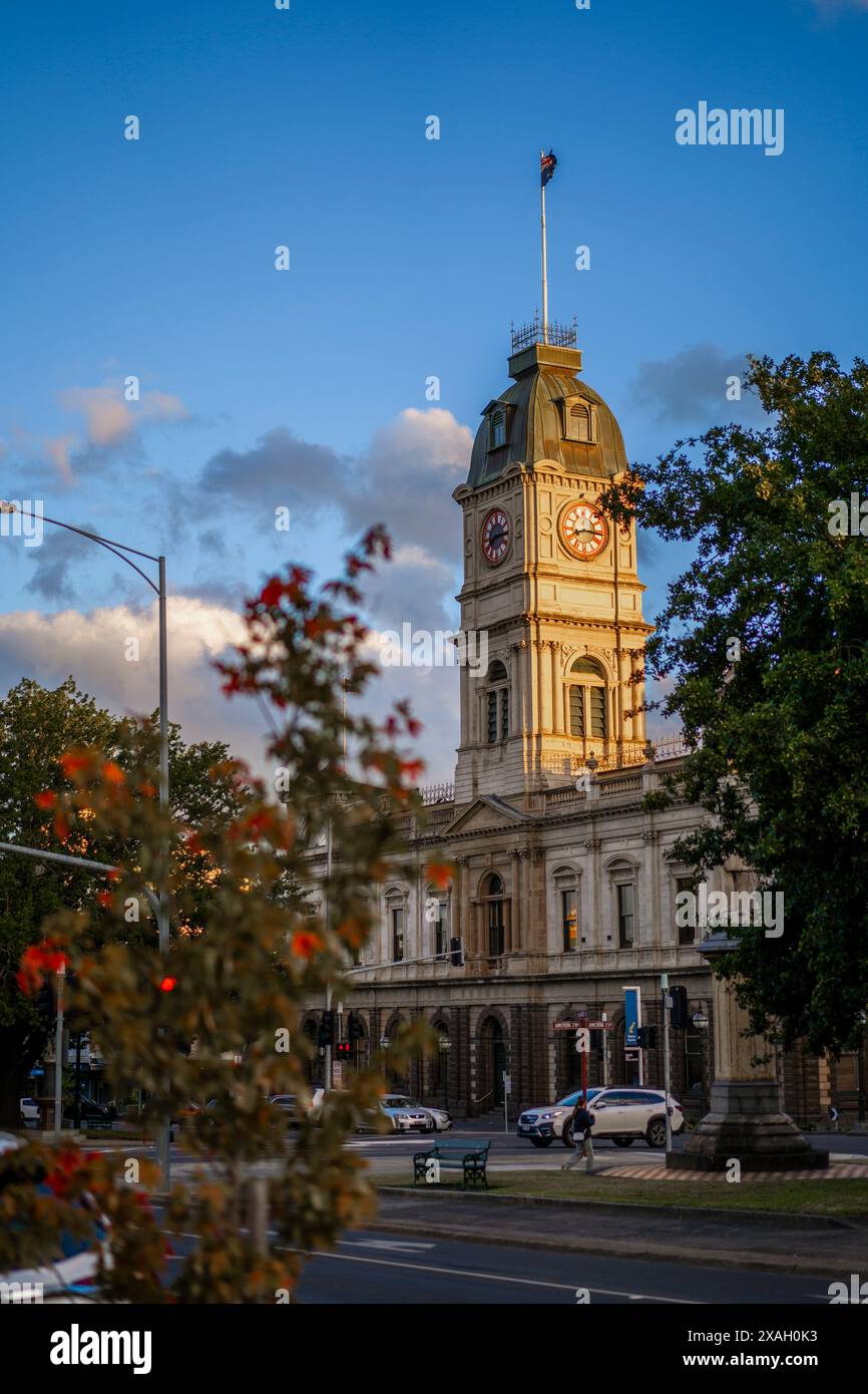 Ballarat Town Hall and Clock Tower at sunset, Ballarat, Victoria Stock ...