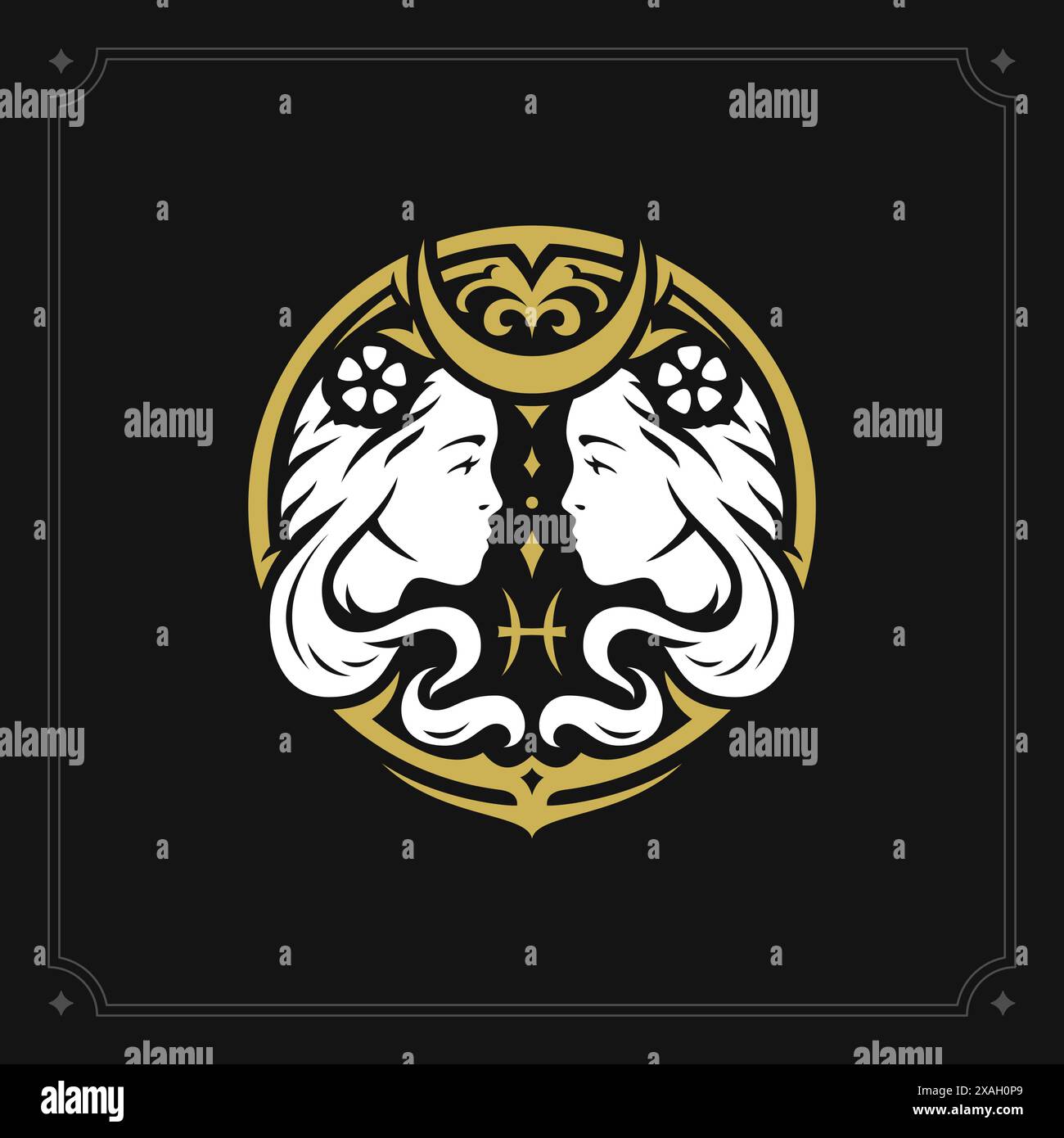 Gemini zodiac vintage symbol floral female art deco ornate black card ...