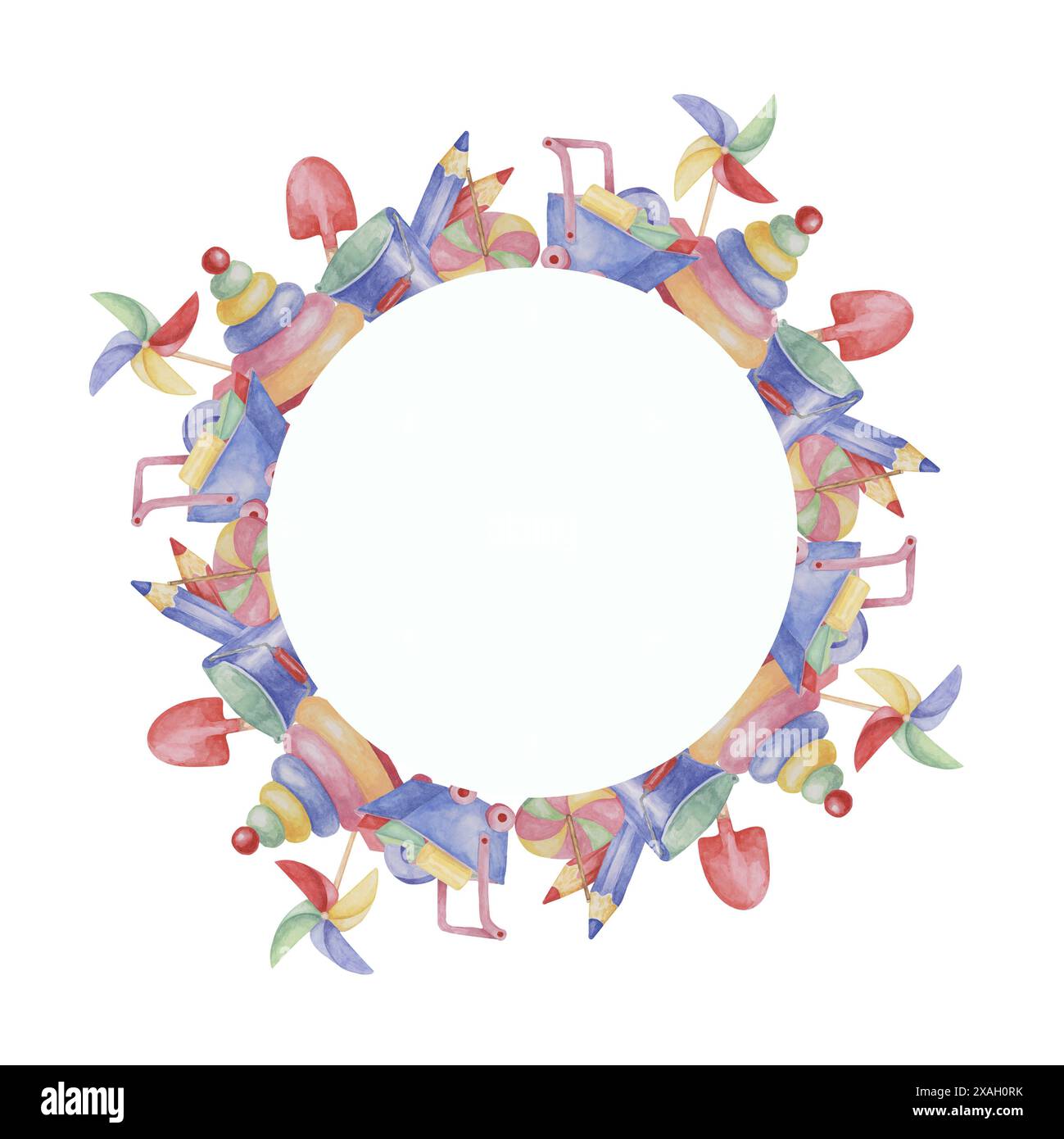 Toys round frame template, pinwheel, cart, bucket, shovel, pencils ...