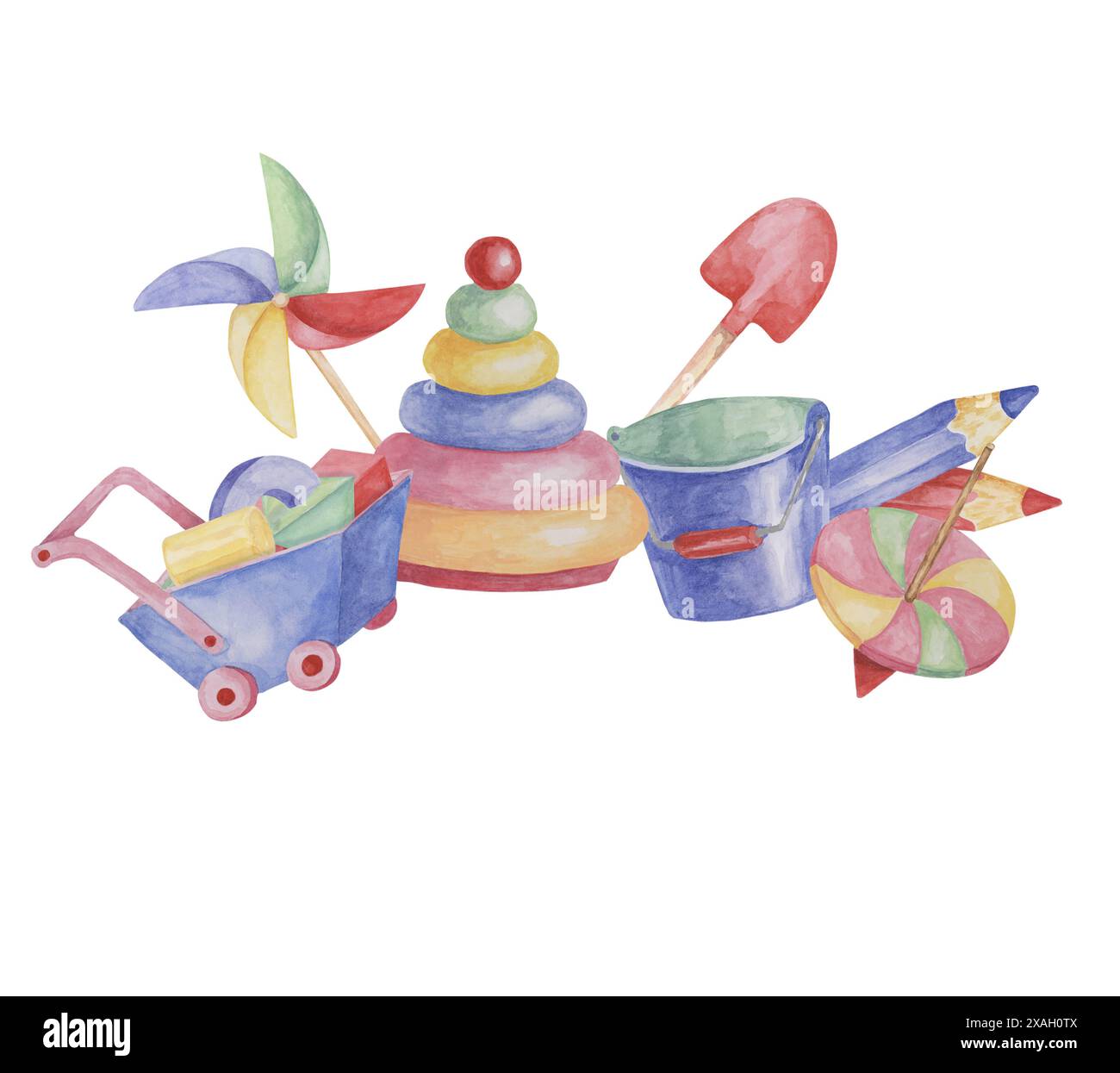 Toys composition. Pinwheel, stacking rings, bucket, shovel, pencils and ...