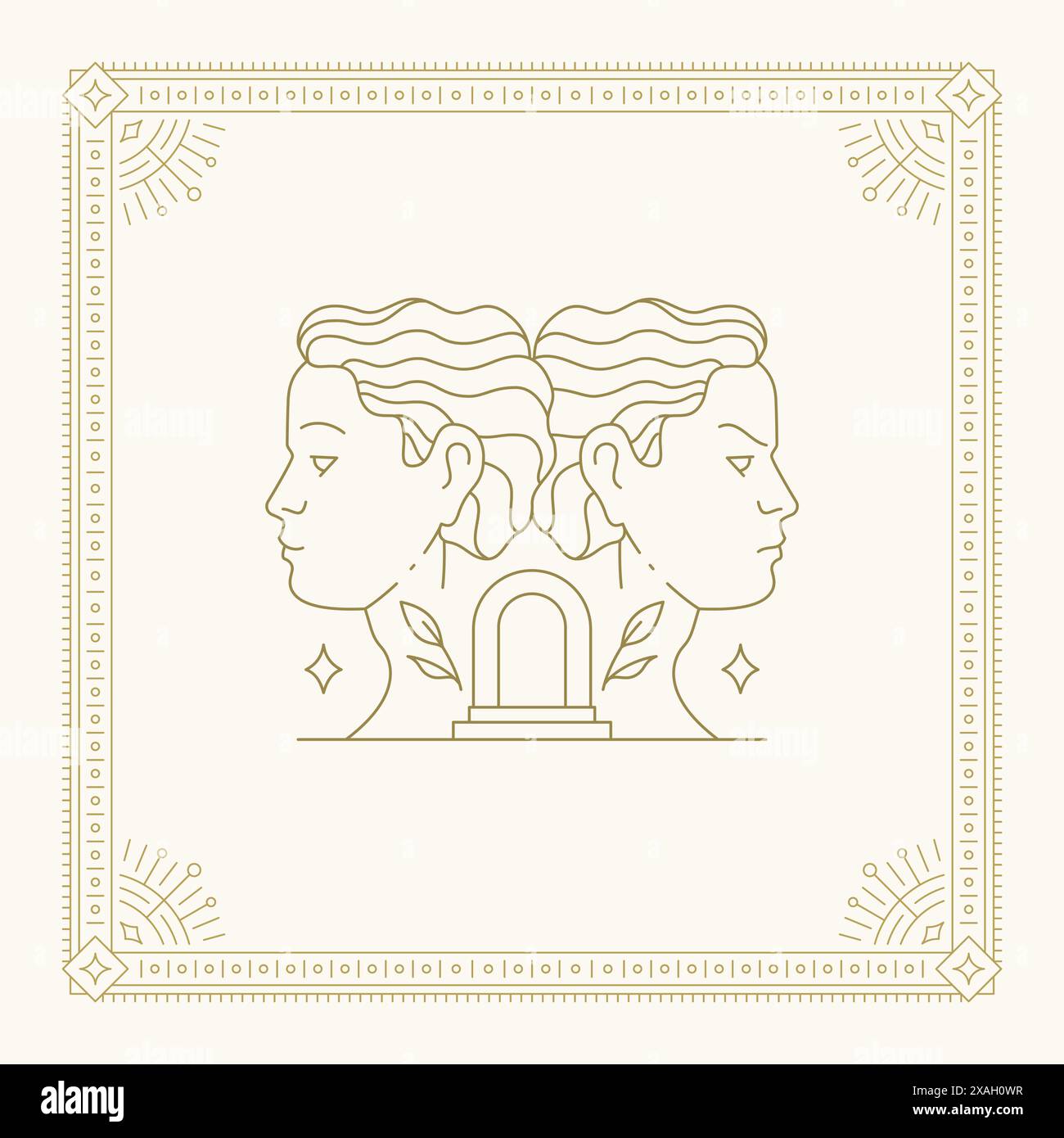 Gemini zodiac line art deco antique card vintage golden frame design ...