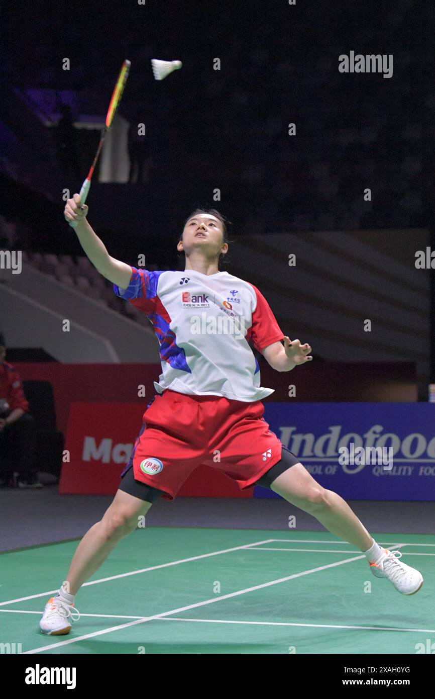 Jakarta, Indonesia. 7th June, 2024. Han Yue hits a return during the ...