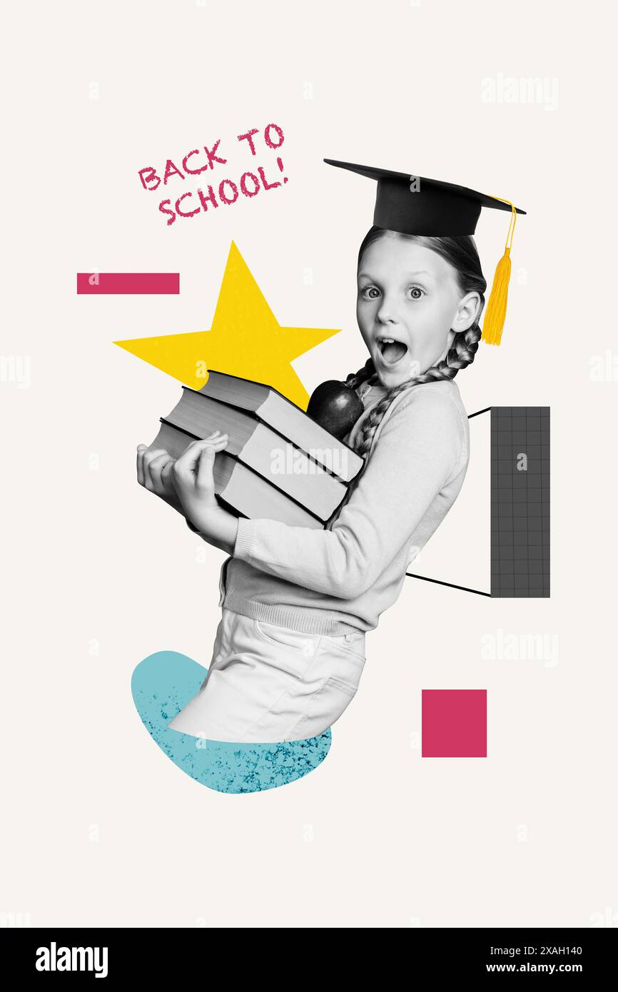 Creative trend collage of funny girl carry books amazed school day ...