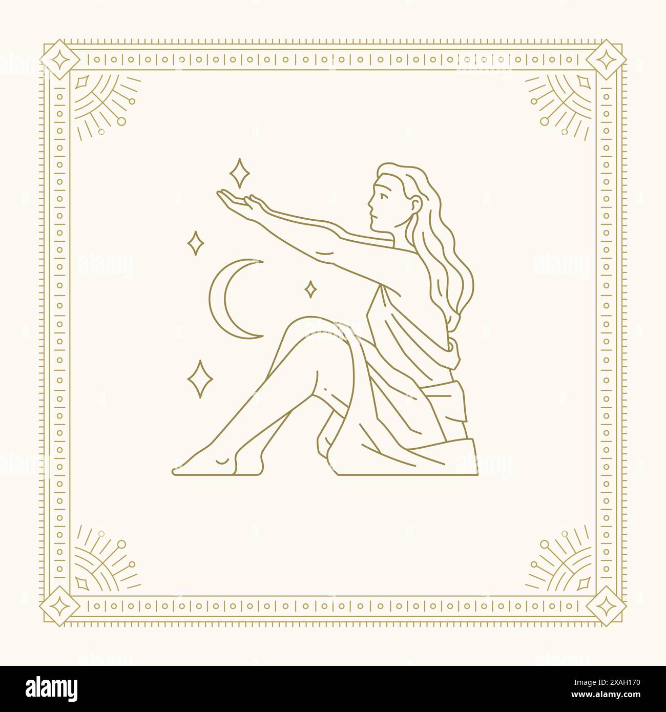 Virgo woman goddess zodiac line art deco antique frame vintage card ...
