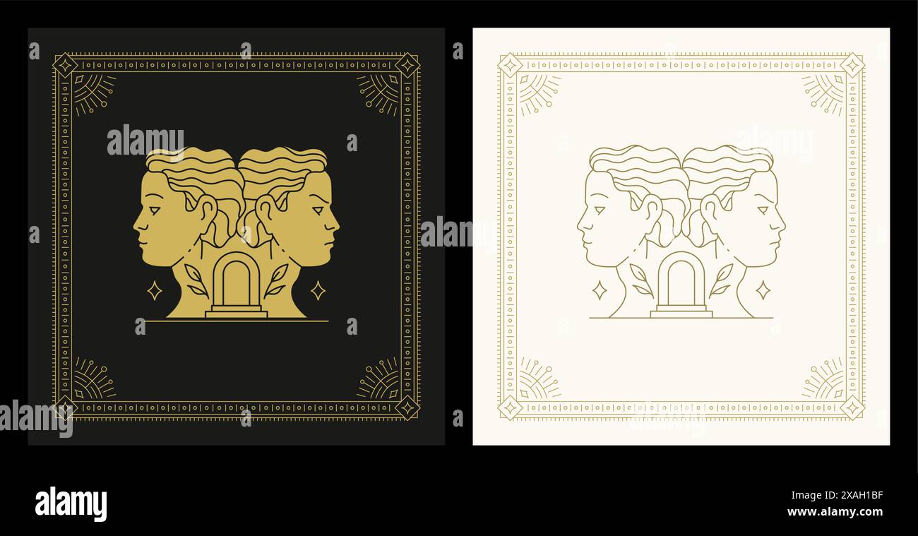 Gemini horoscope zodiac astrology symbol vintage line art deco card ...