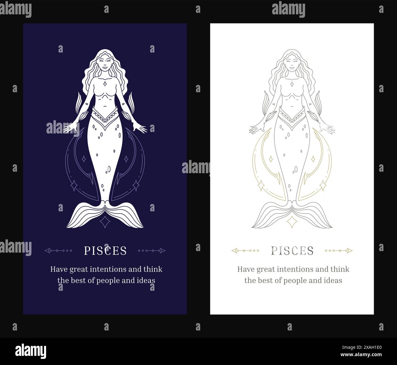 Pisces zodiac astrology woman goddess mermaid line art deco poster ...