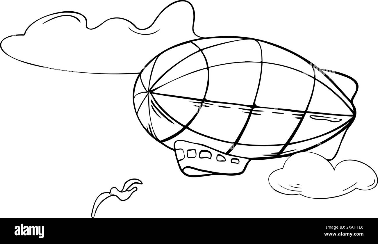 Retro airship in the sky black and white vector illustration isolated ...