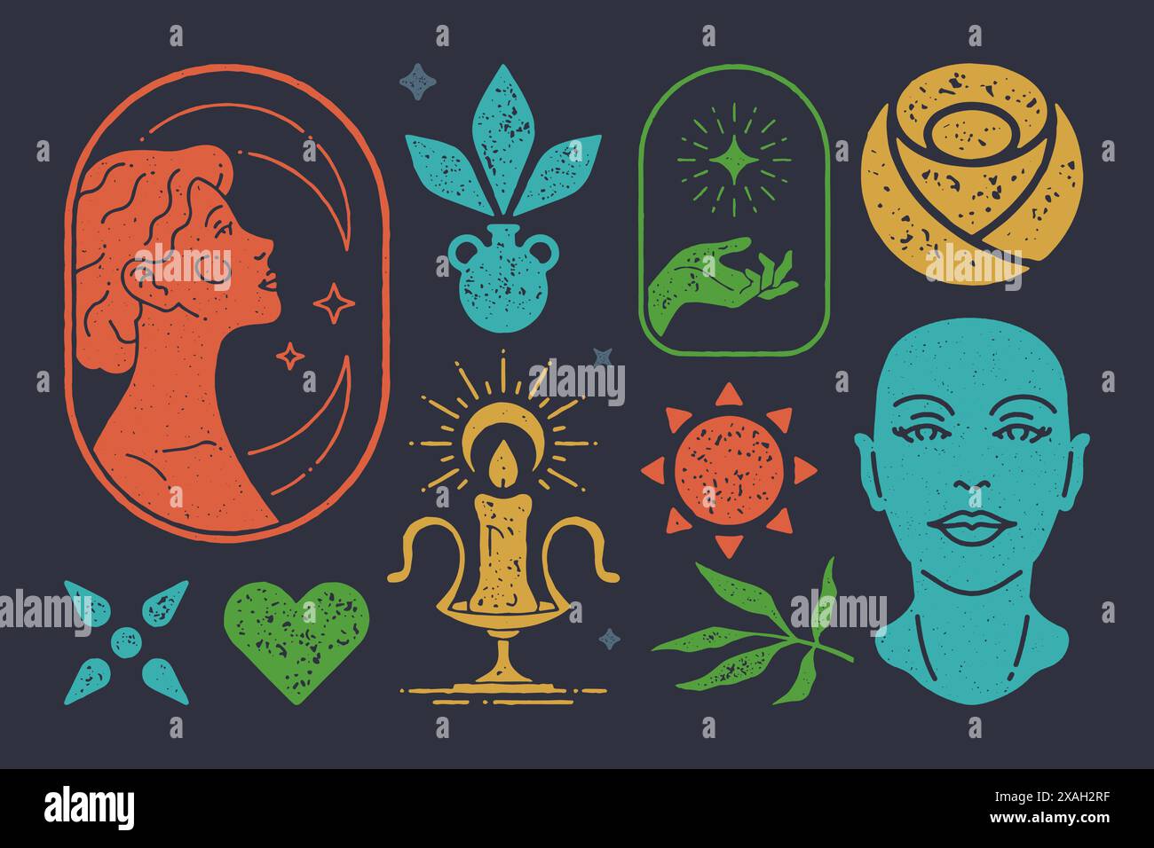 Portrait of woman watching crescent and boho stars. Bust of antique ...