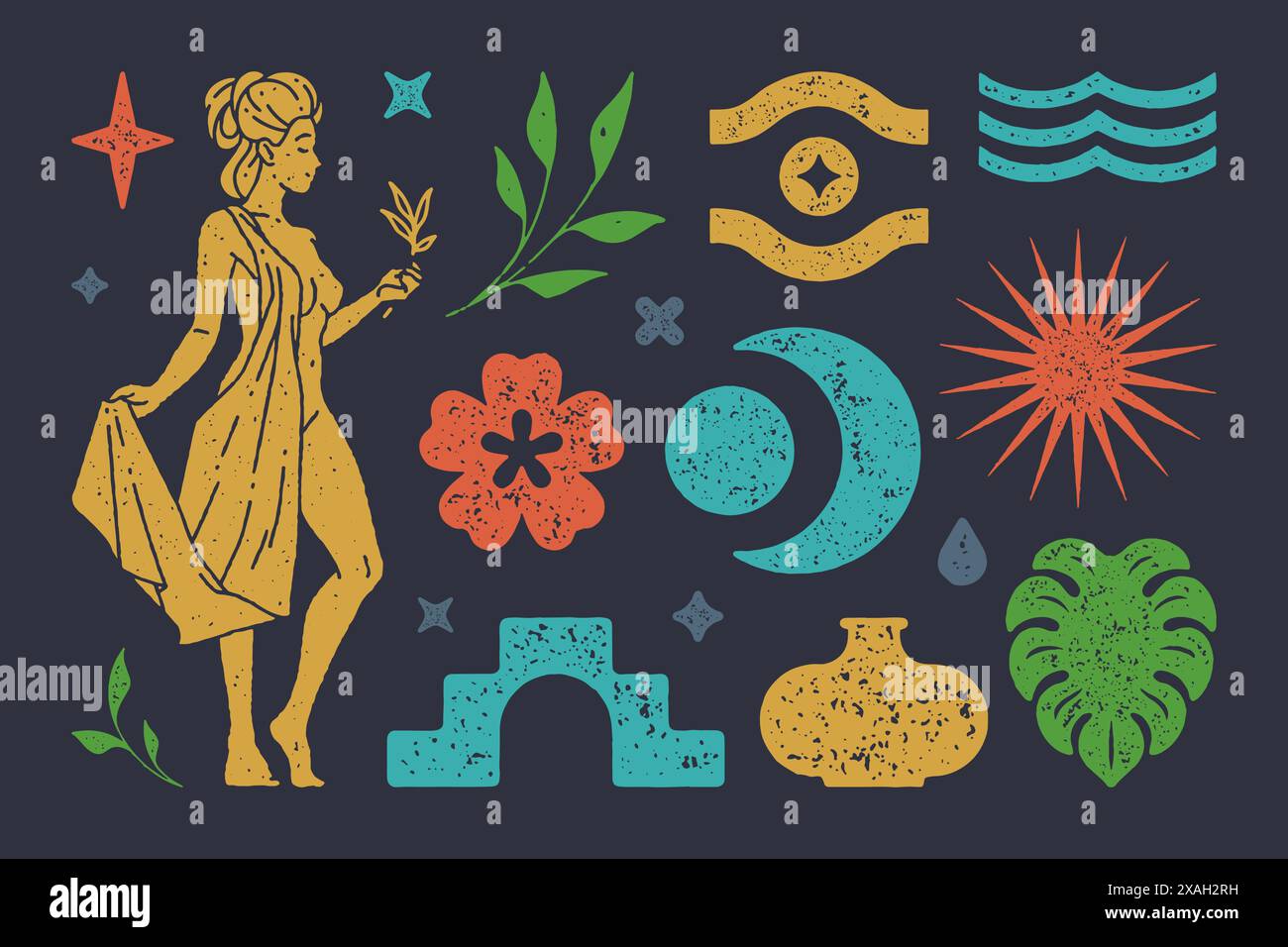 Girl in antique cape and boho symbol of water. Abstract crescent moon ...