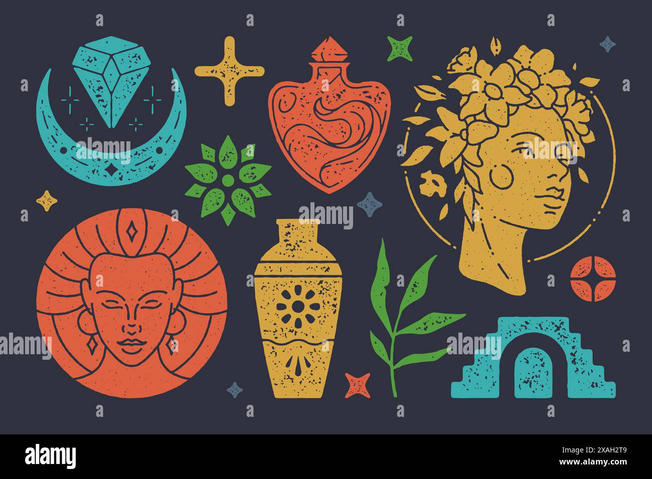 Head of antique woman and boho star. Portrait of awakening sun goddess ...