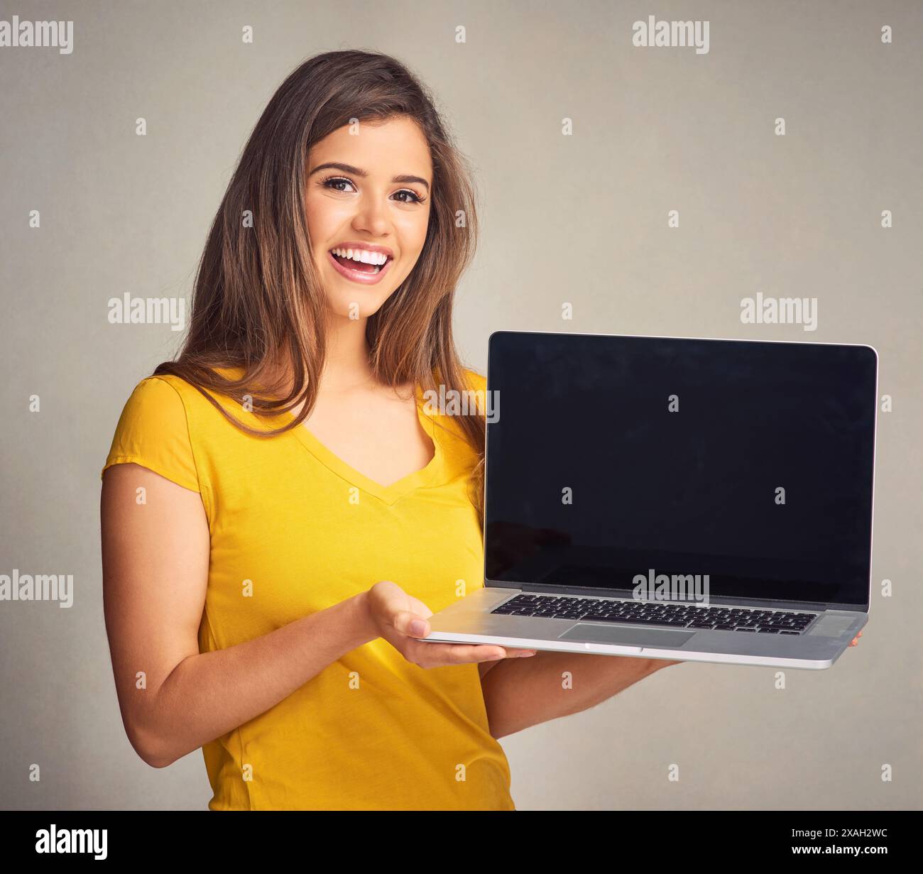 Woman, laptop screen and portrait for advertising, smile for promotion ...
